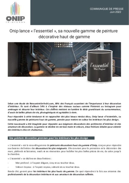 Onip lance "L'essentiel", sa nouvelle gamme de peinture | BATI-Today