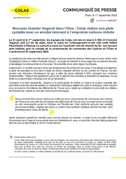 Colas réalise une piste cyclable avec un enrobé innovant à l’empreinte ...