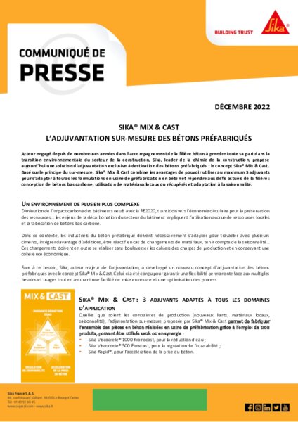 Sika mix & cast, l'adjuvantation sur-mesure des bétons préfabriqués ...